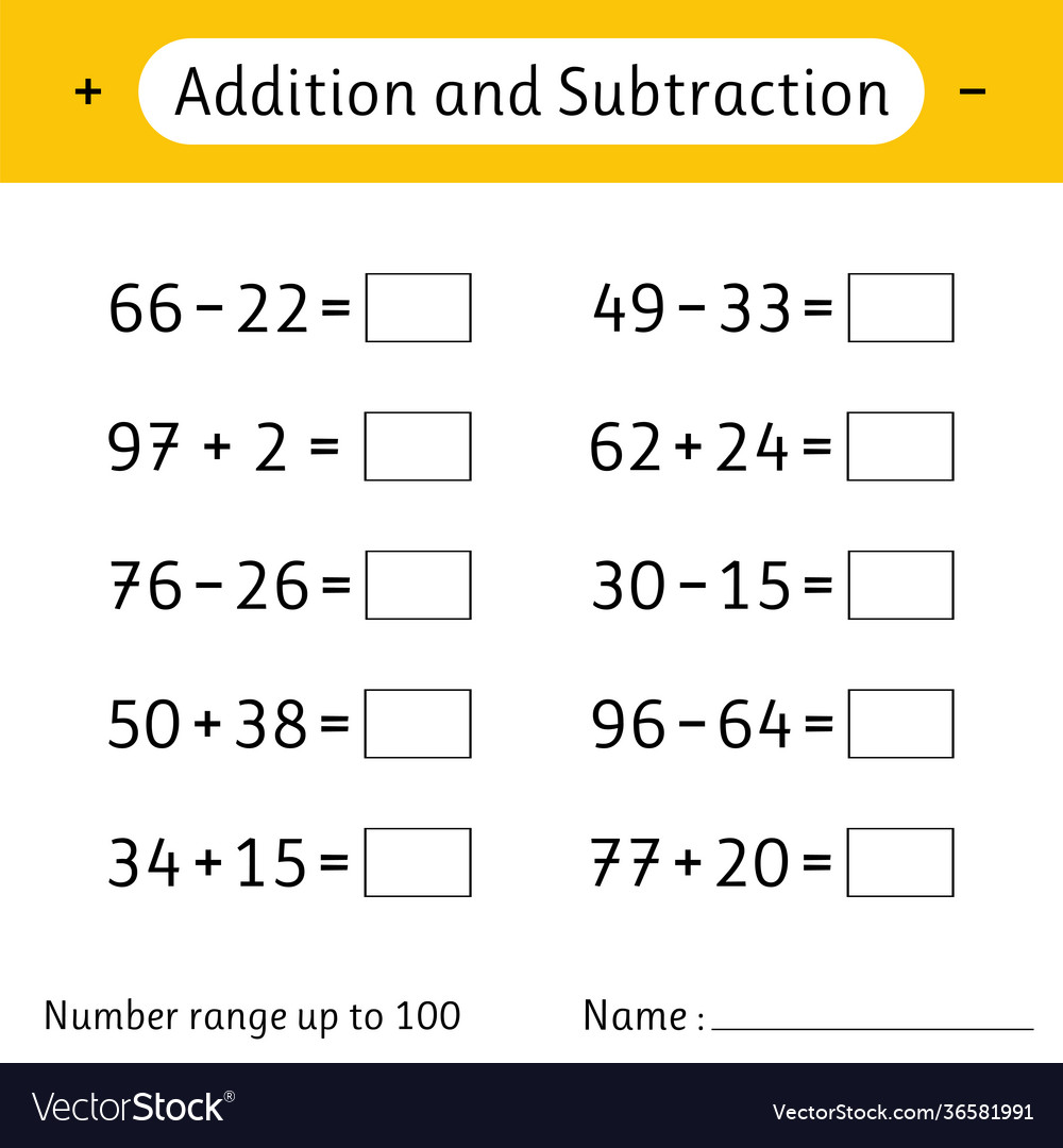 Addition and subtraction number range up to 100 Vector Image