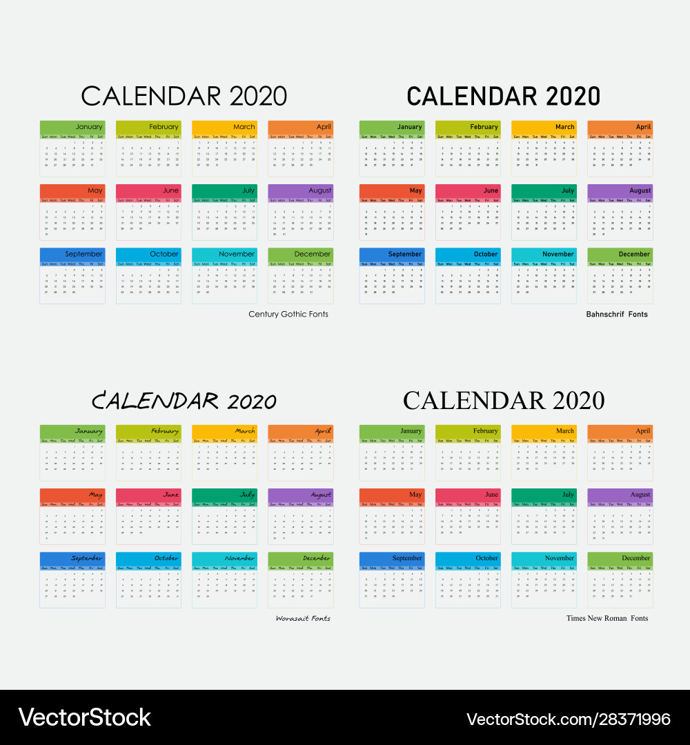 2020 calendar templatecalendar 2020 set 12 Vector Image