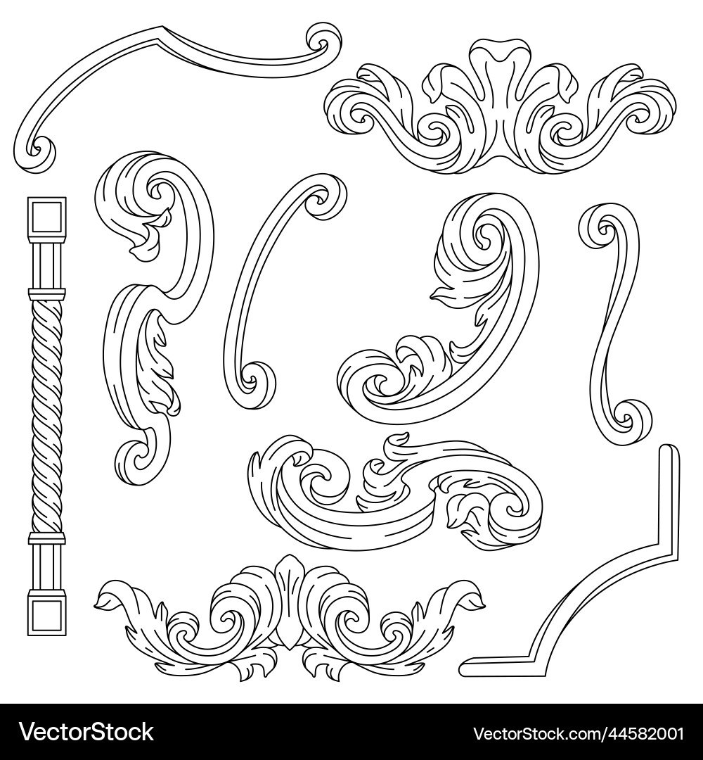 Decorative set of floral elements in baroque style