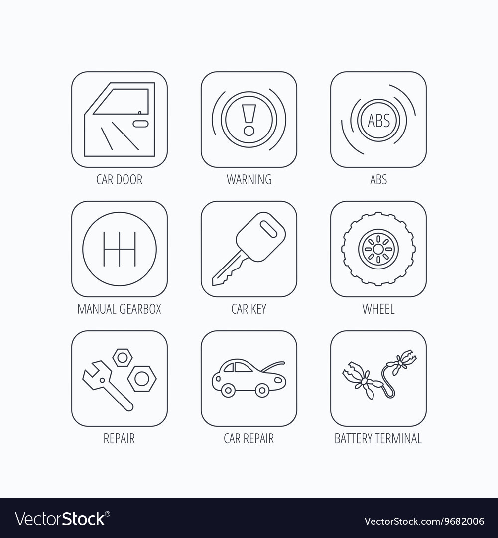 Car key repair tools and manual gearbox icons Vector Image