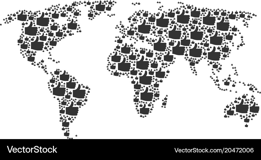 Worldwide map collage of thumb up items Royalty Free Vector
