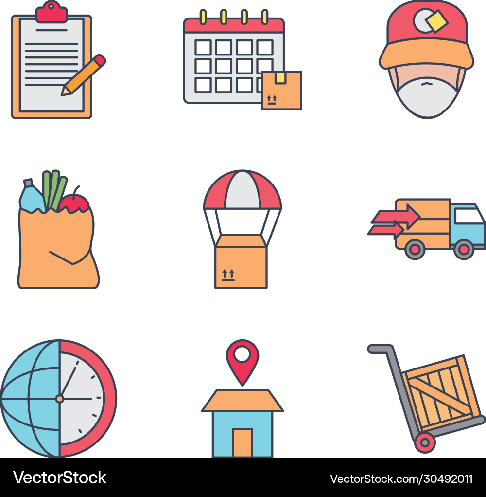 Calendar and fast delivery icon set line fill Vector Image