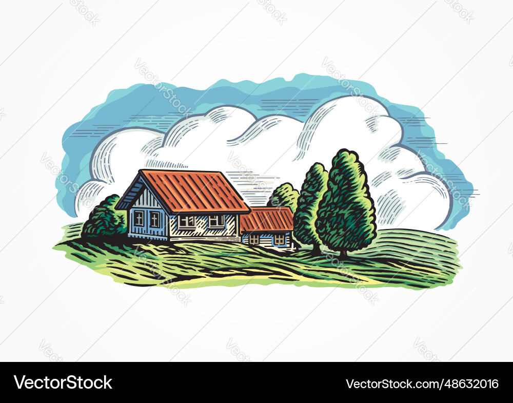 Graphical of a countryside landscape with vilage Vector Image
