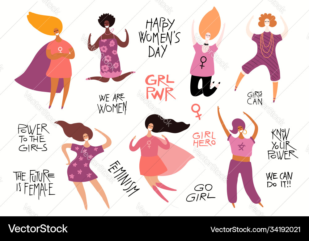 Diverse women and feminism quotes set Royalty Free Vector