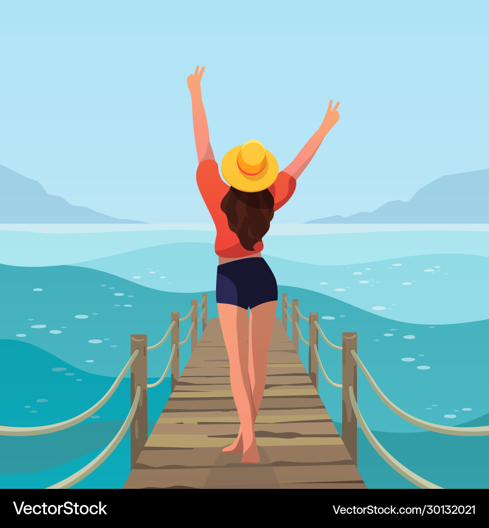 Happy girl on beach summer vibes Royalty Free Vector Image
