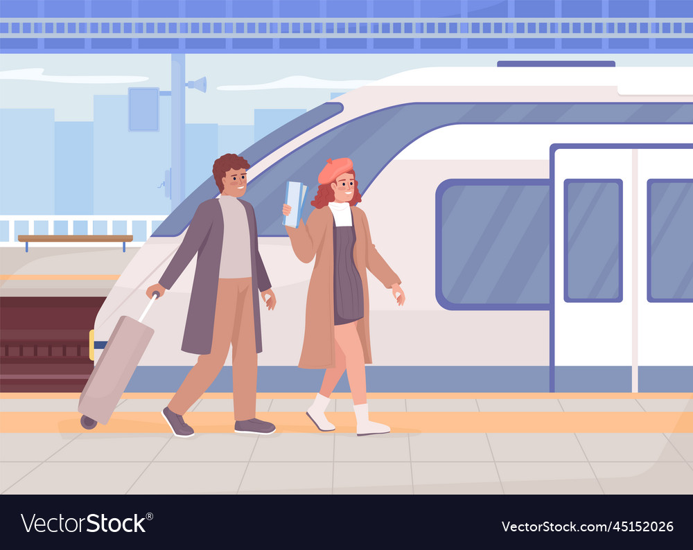 Couple at train station flat color Royalty Free Vector Image