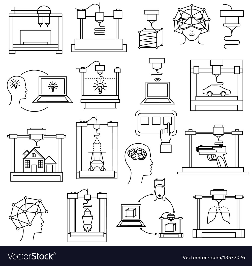 Line icons set 3d printing 3d modeling Royalty Free Vector