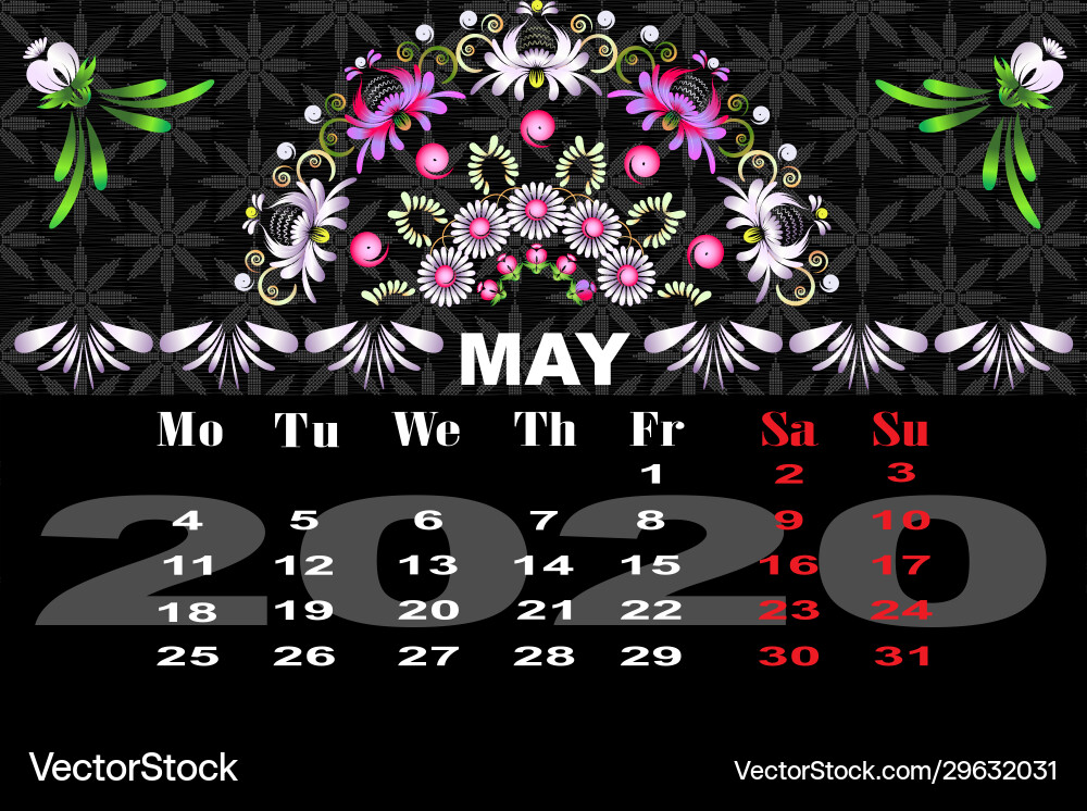 Calendar decorative flowers folk Royalty Free Vector Image