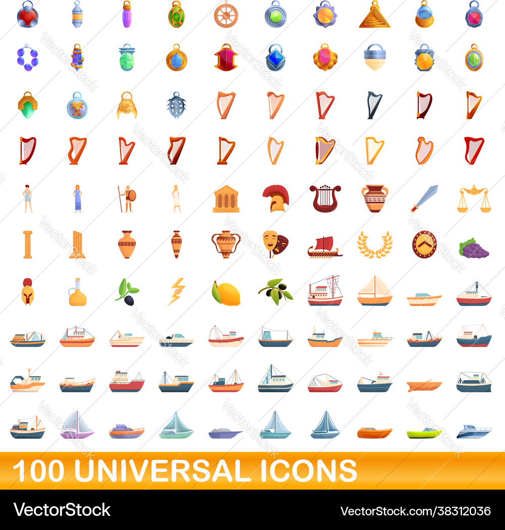 100 universal icons set cartoon style Royalty Free Vector