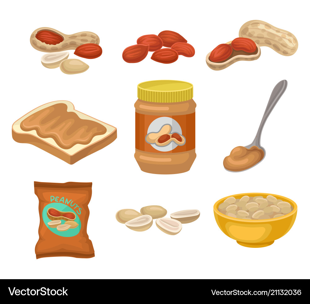 Flat set of peanut products whole Royalty Free Vector Image