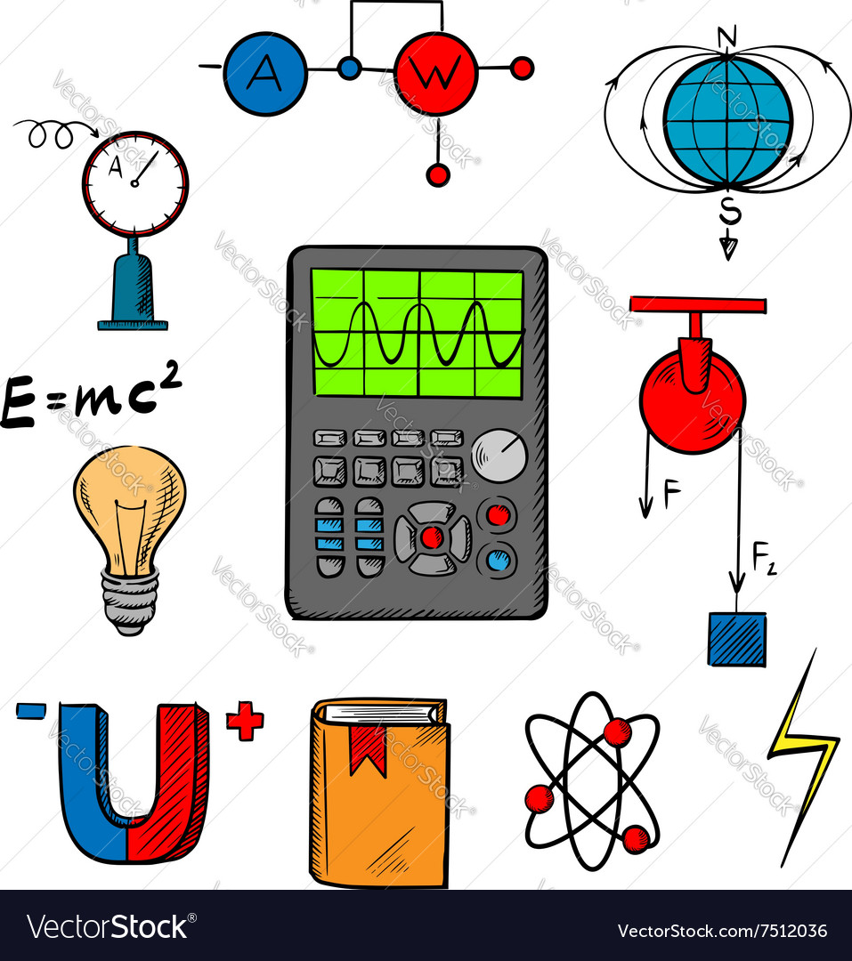 Physics science icons and objects Royalty Free Vector Image