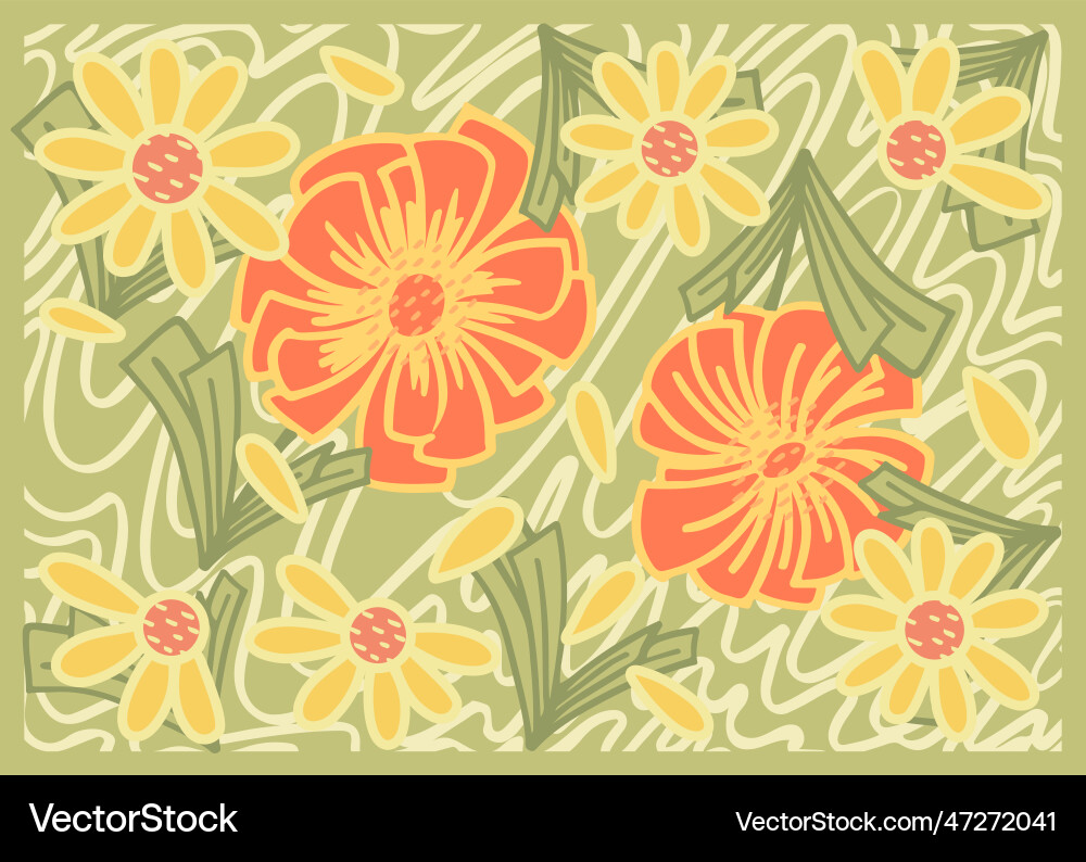 Groovy wavy daisy horizontal banner abstract retro