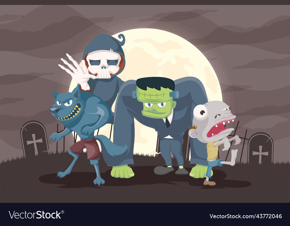 Halloween characters in cemetery Royalty Free Vector Image