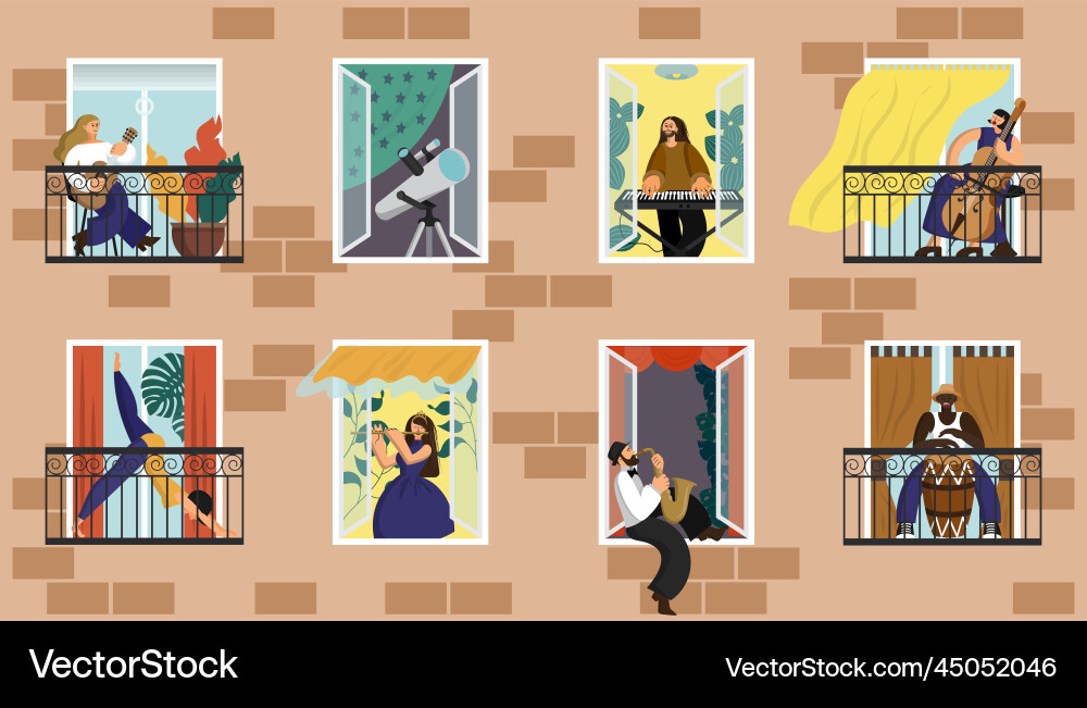 House balcony people social distancing Royalty Free Vector