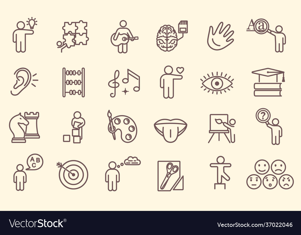 Large set line drawn icons depicting cognitive Vector Image