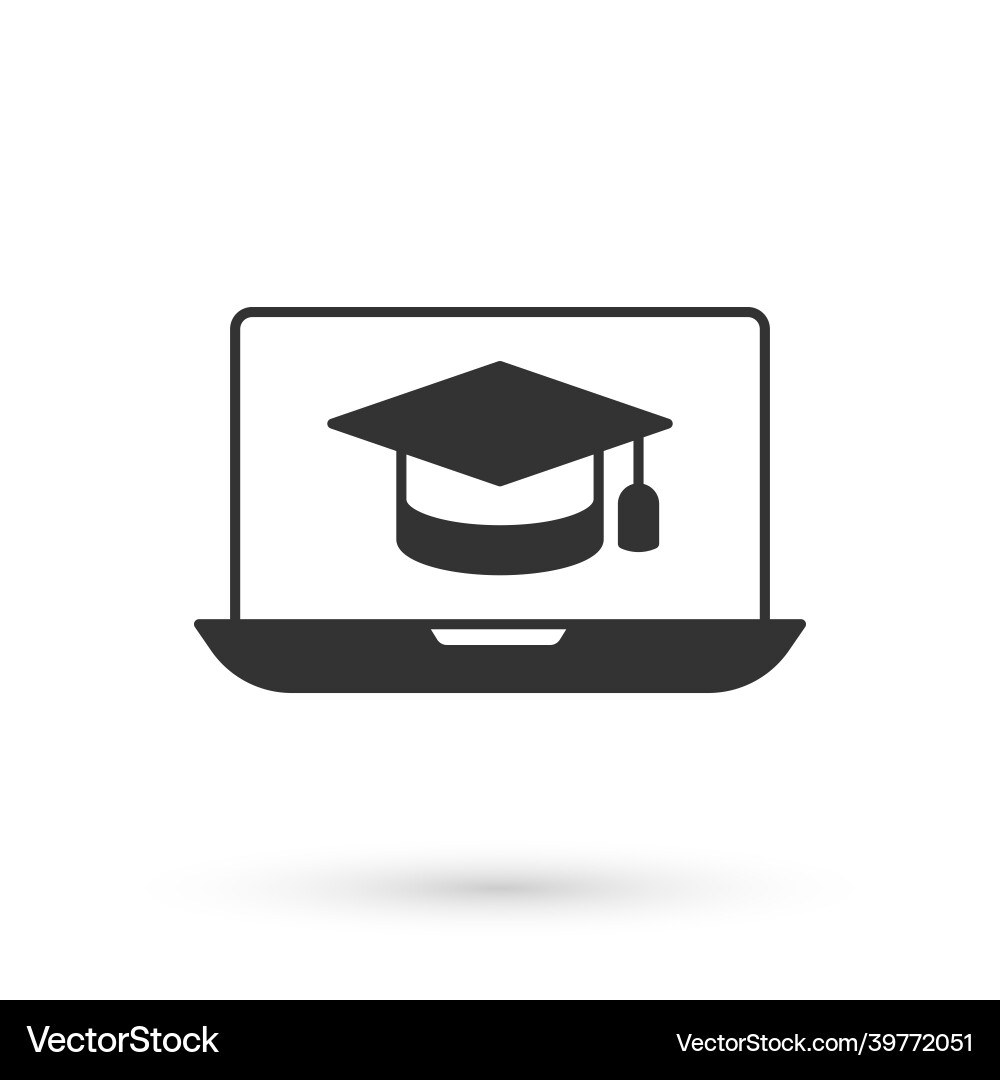 Grey graduation cap on screen laptop icon isolated