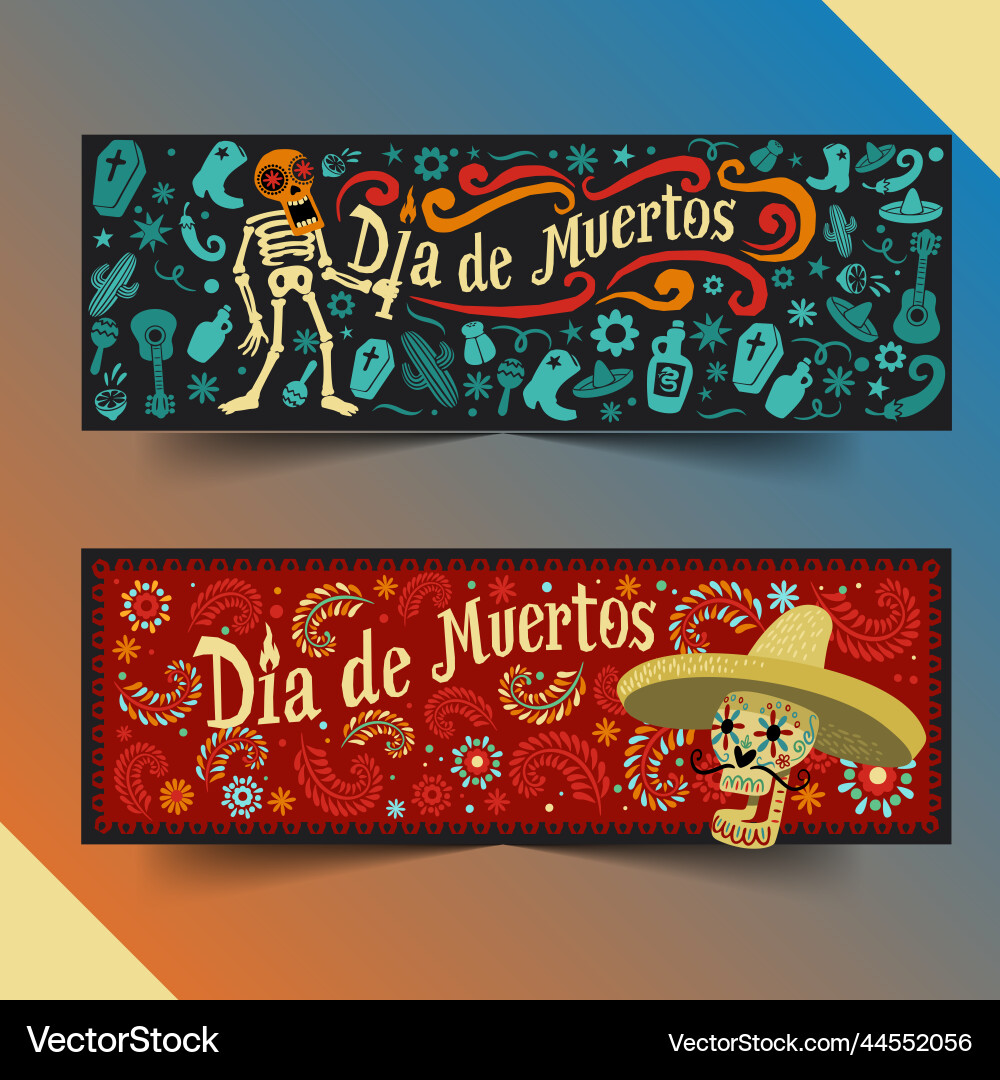 Hand drawn dia de muertos horizontal banners set Vector Image