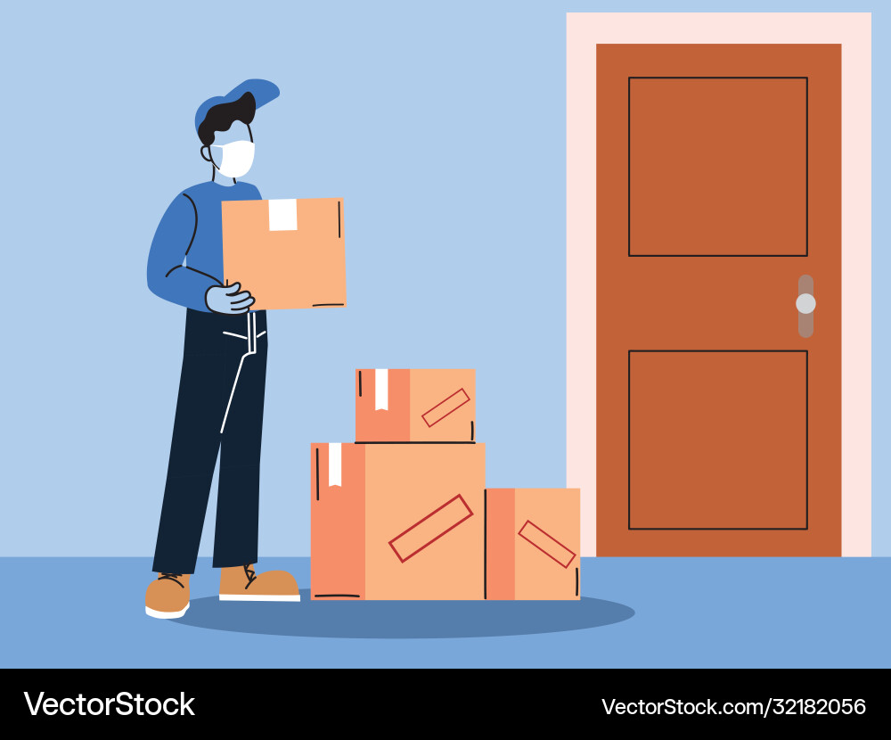 Safe delivery man courier in a mask delivers Vector Image