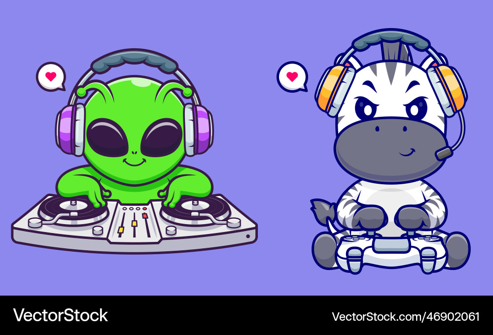 Cute alien playing dj electronic music with headph