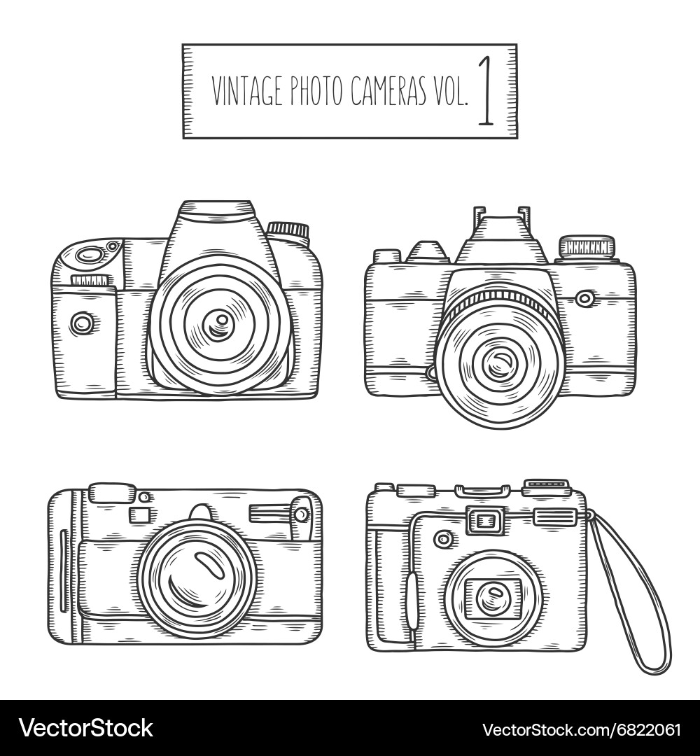Hand drawn photo cameras set vintage Royalty Free Vector