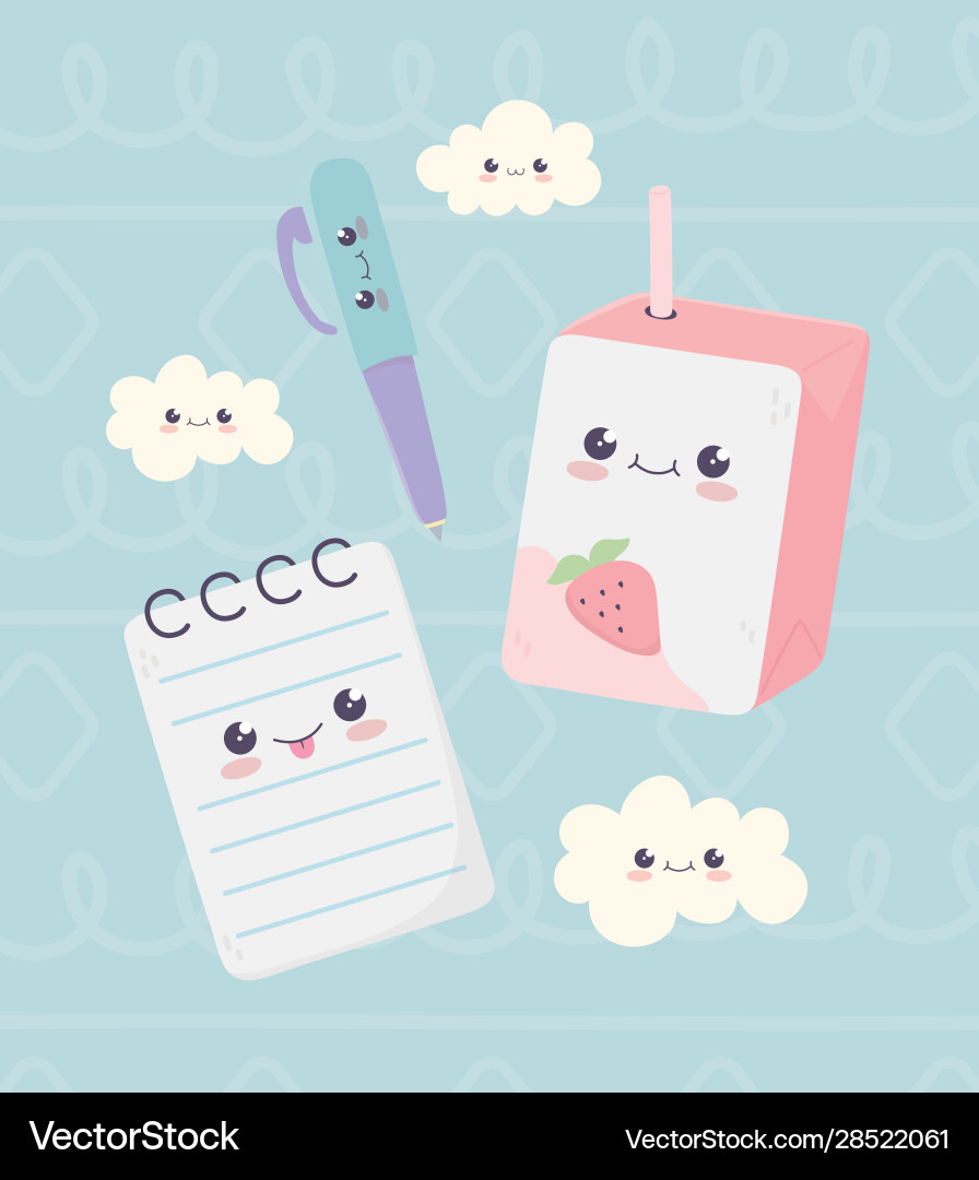 Kawaii school notepad pen and juice box clouds Vector Image