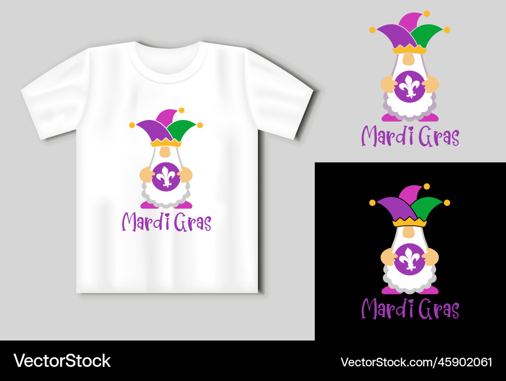 Mardi gras gnome in a jester hat holds doubloon Vector Image
