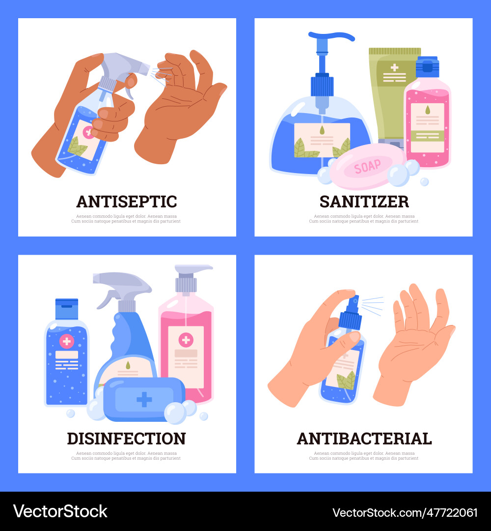 Set of squared banners about antiseptic and Vector Image