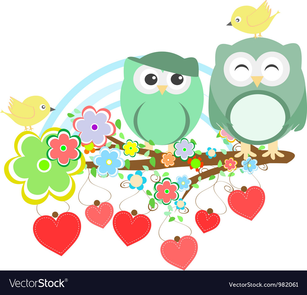 Two cute owls and bird on the flower tree branch Vector Image