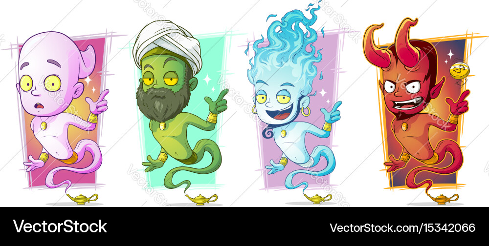Cartoon magic jinns with lamp character set Vector Image