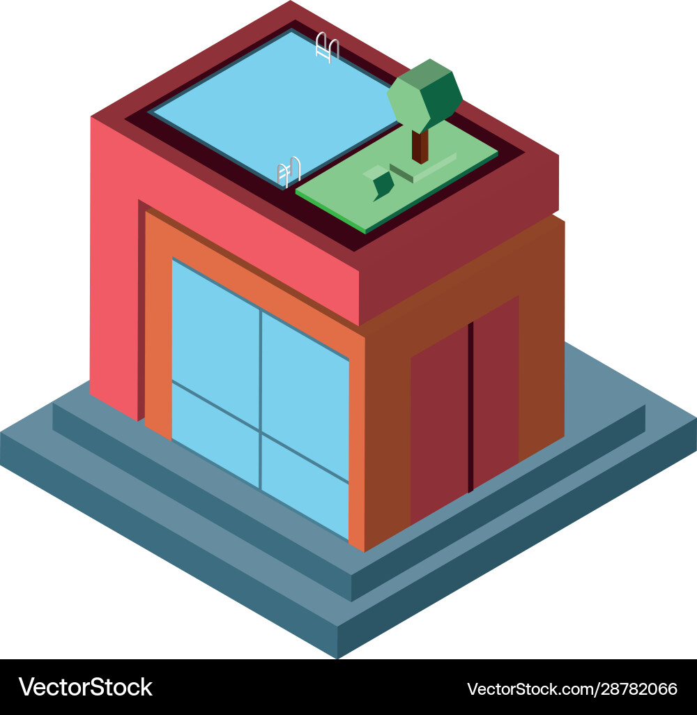 Isometric orange city building with pool and tree Vector Image