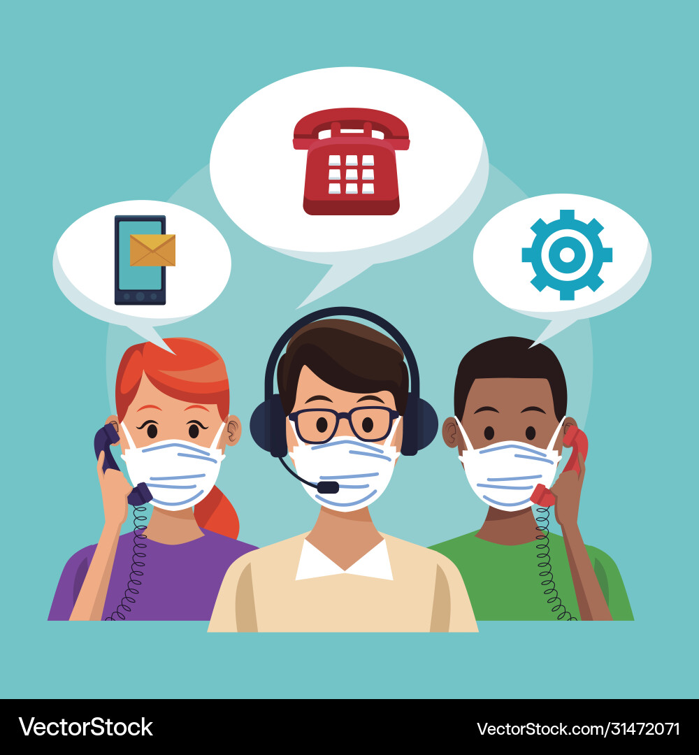 Call center support workers wearing medical mask Vector Image