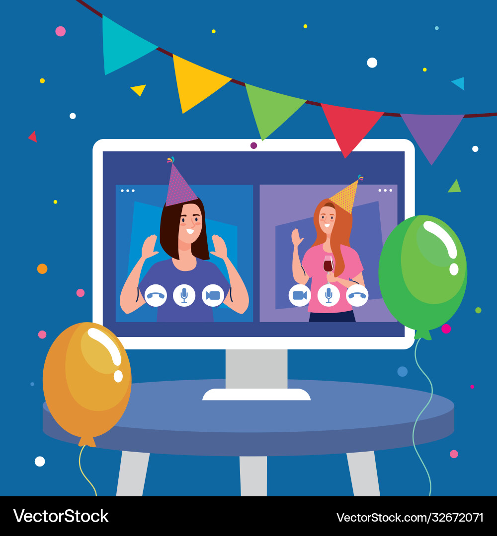 Women with party hats at computer on table Vector Image