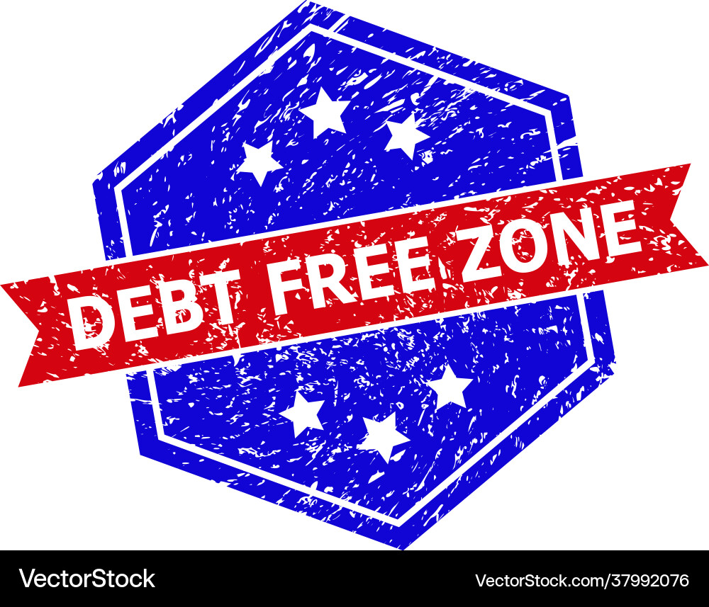 Hexagon bicolor debt free zone stamp with unclean Vector Image