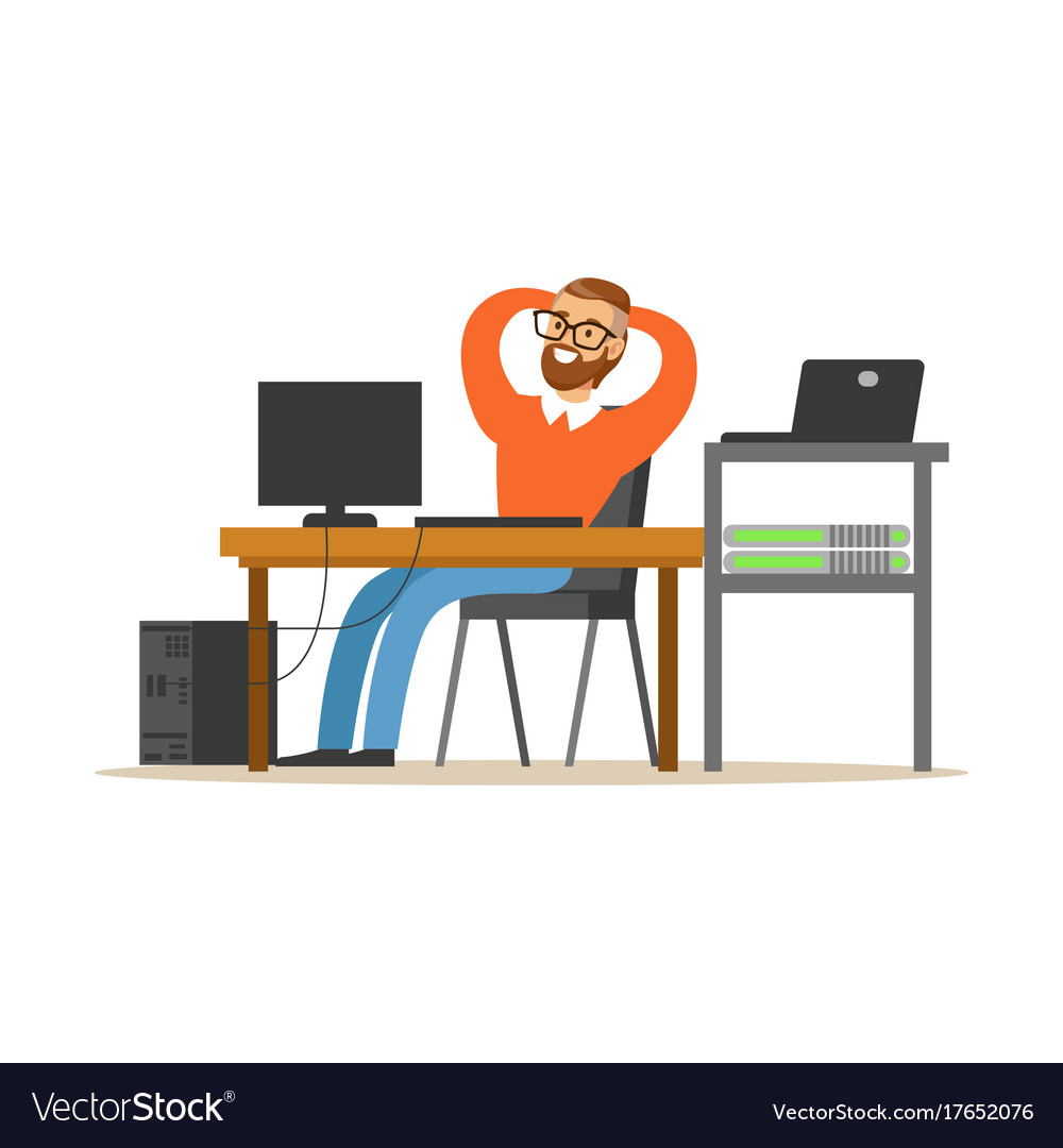 Smiling man working on the computer in office Vector Image