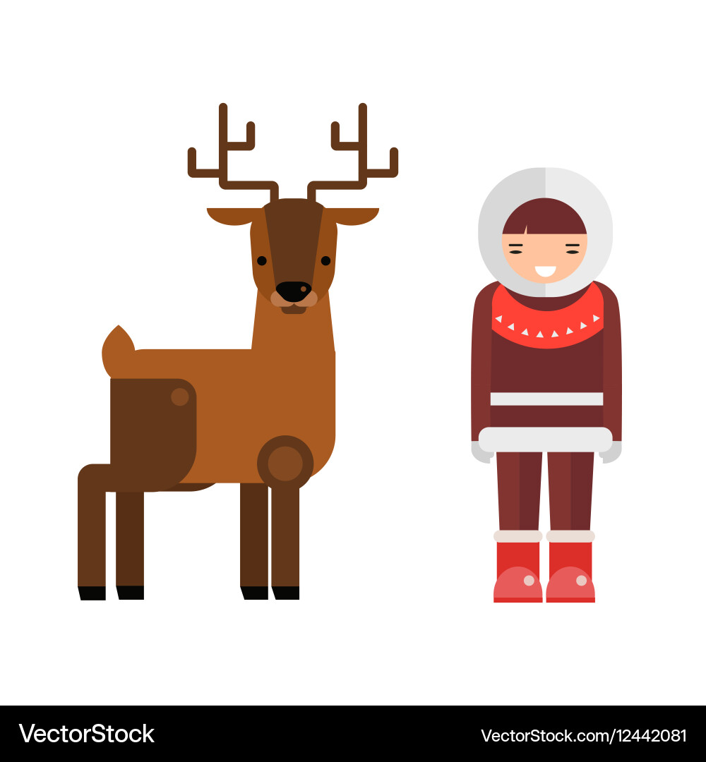 Wild deer animal and eskimo people flat Royalty Free Vector