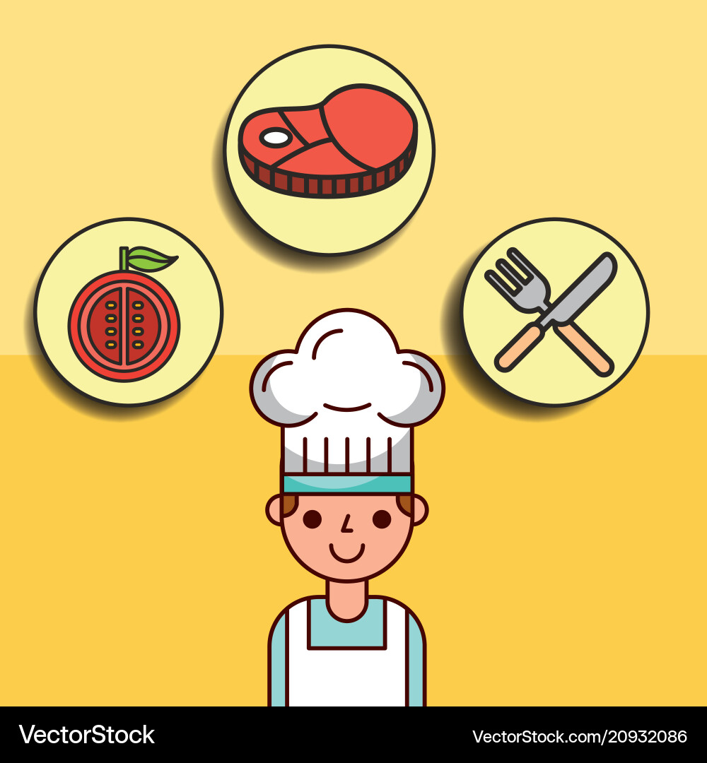 Boy chef cartoon with meat tomato and fork knife Vector Image