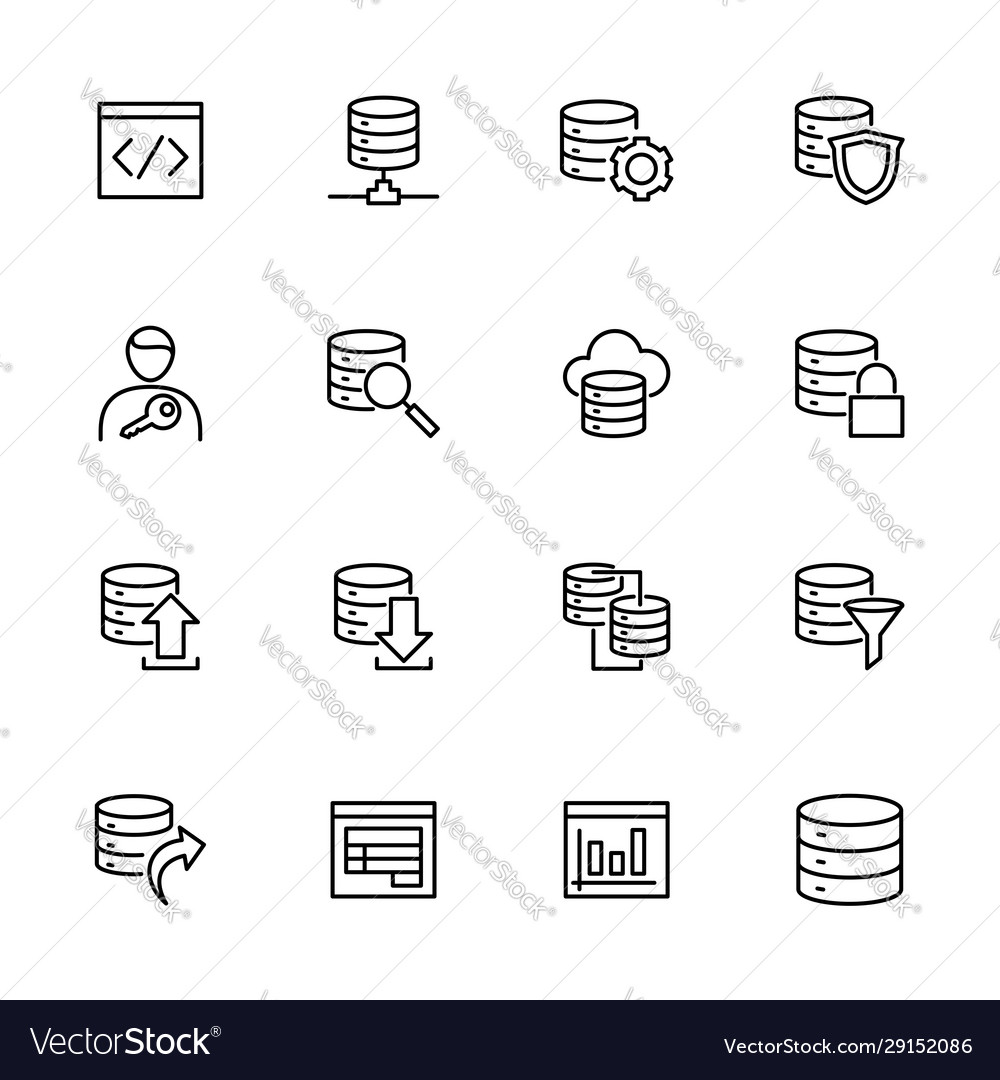 Line icon set related to database built Royalty Free Vector
