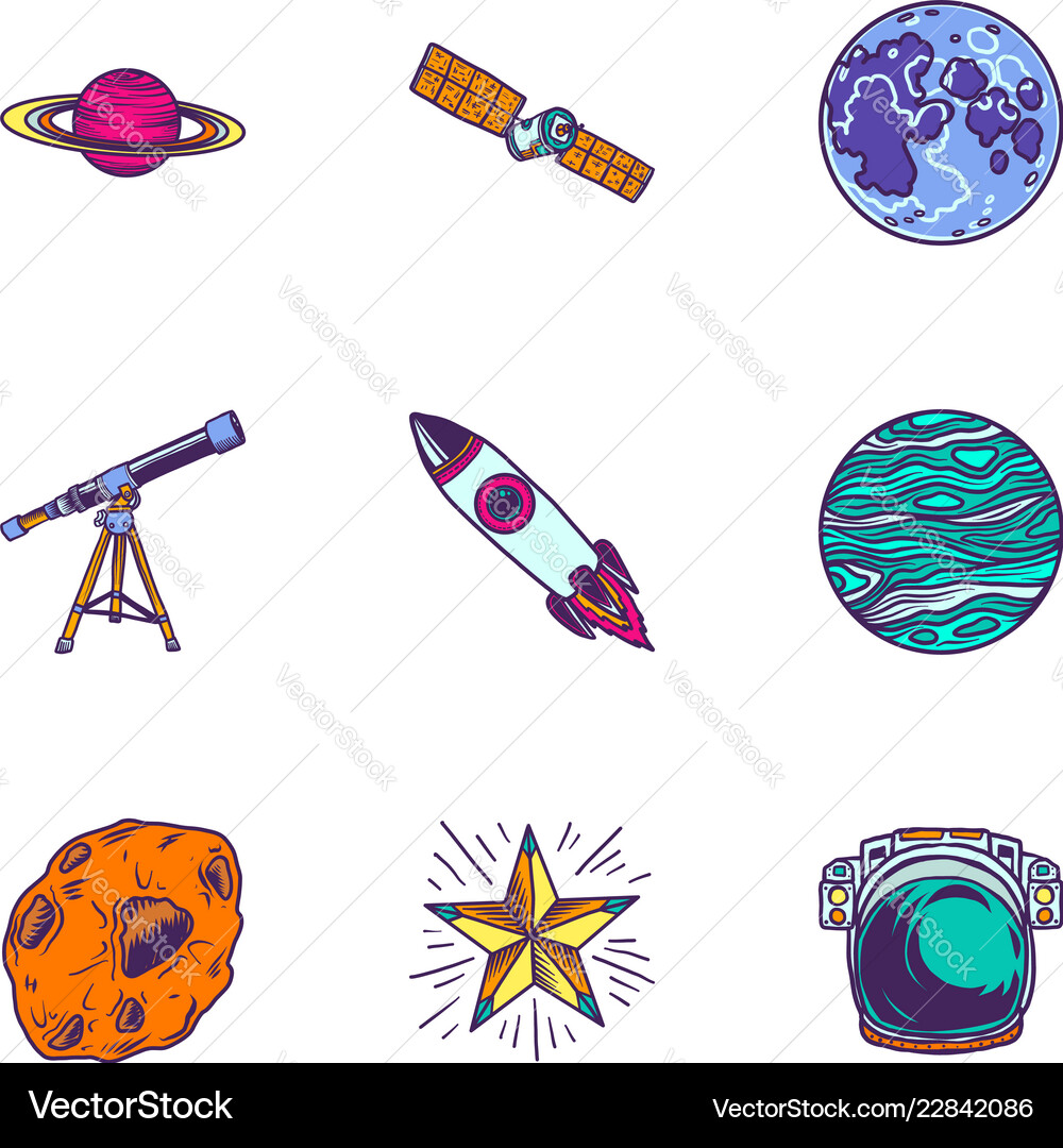 Space travel icon set hand drawn style Royalty Free Vector