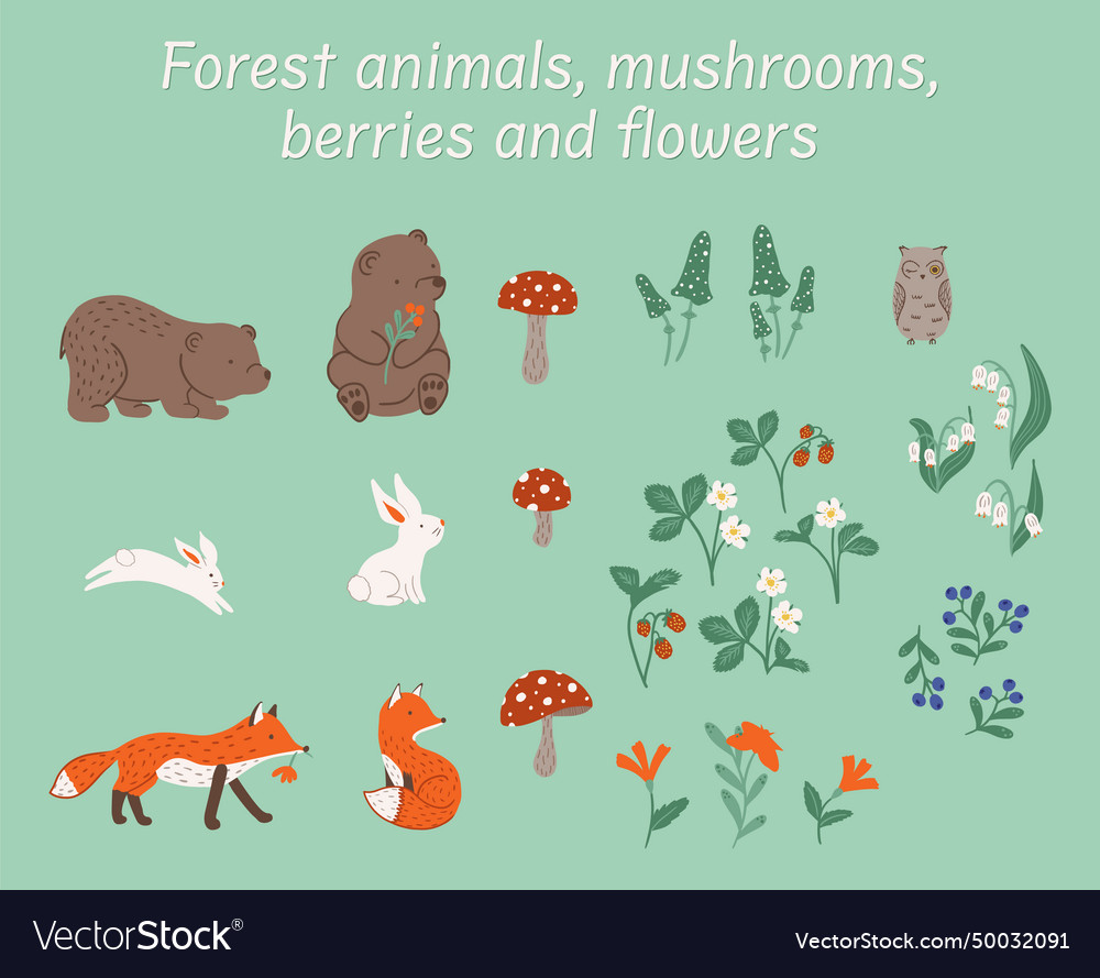 Clip art set forest animals mushrooms Royalty Free Vector