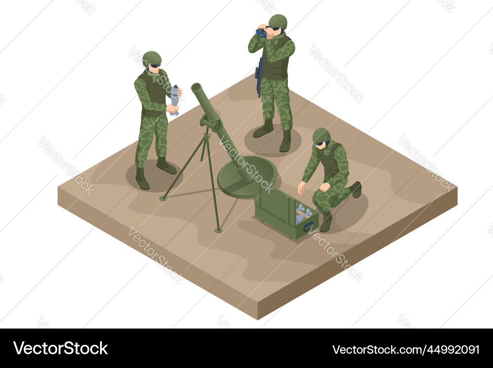 Isometric soldiers mortar crew gun Royalty Free Vector Image