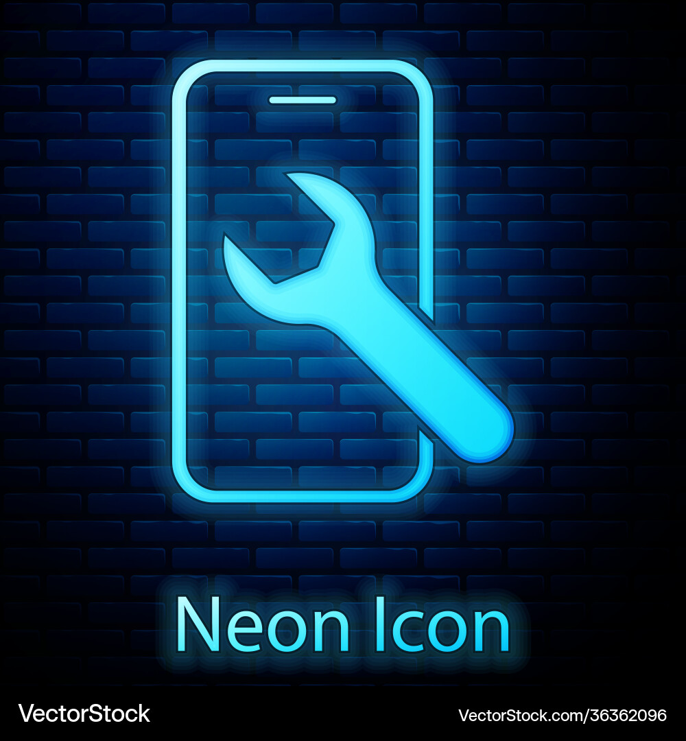 Glowing neon mobile phone with wrench icon Vector Image
