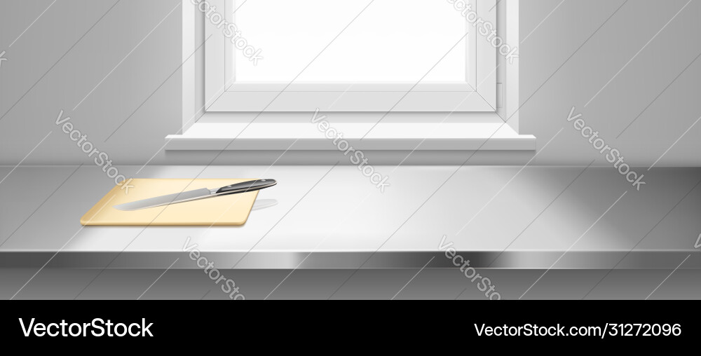 Kitchen steel table with cutting board and knife Vector Image