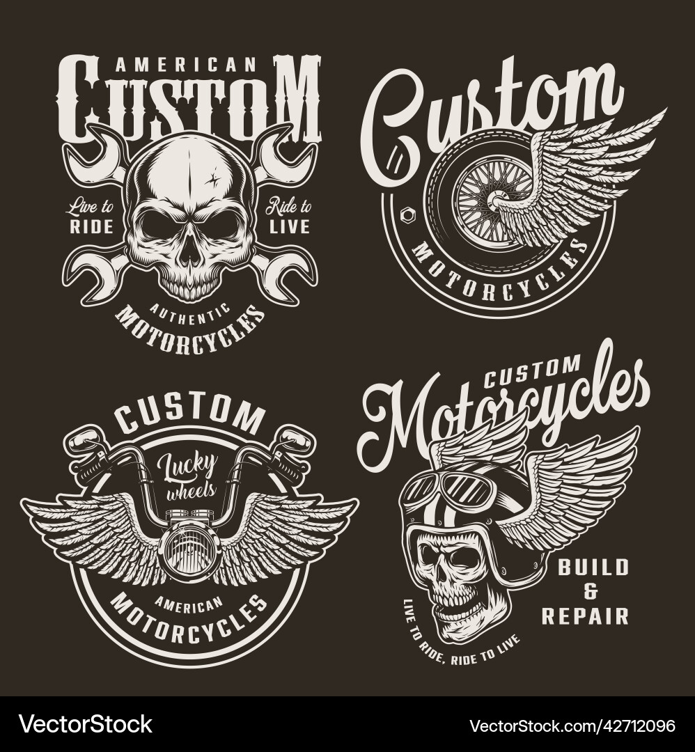 Vintage monochrome custom motorcycle logos Vector Image