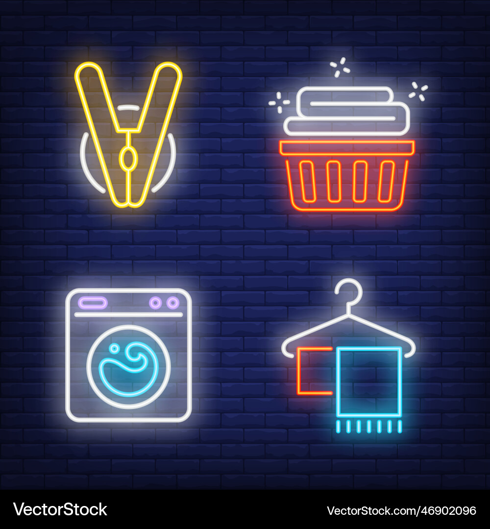 Washing machine clean linen and clothes peg neon Vector Image