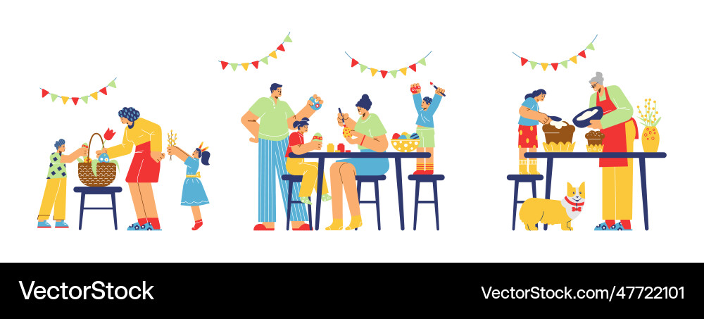 Easter celebration in family set flat cartoon Vector Image