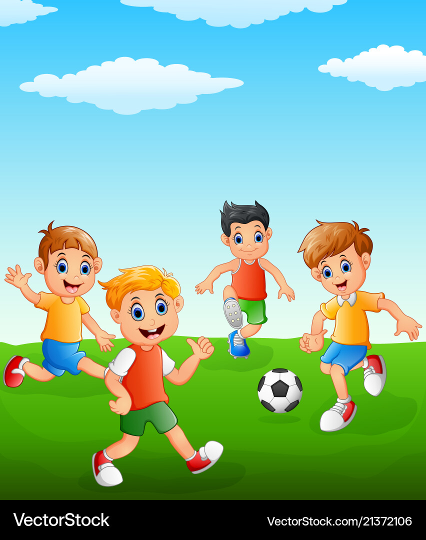 Happy kids playing soccer on field Royalty Free Vector Image
