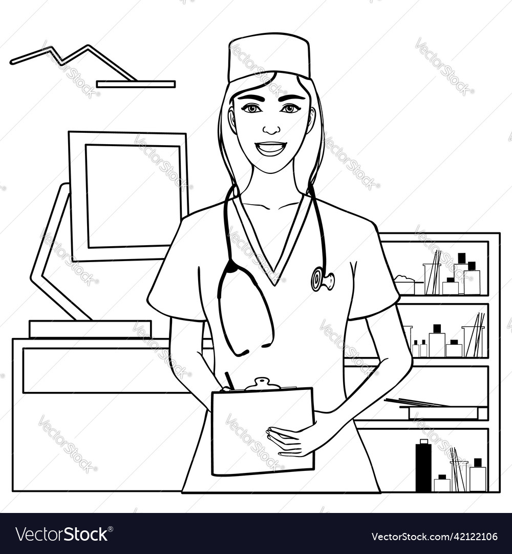 Nurse with stethoscope writes notes Royalty Free Vector