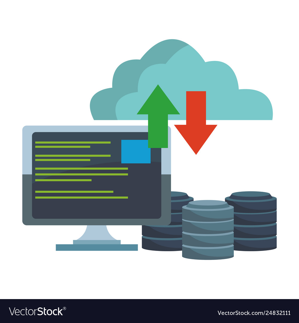 Computer with disks and cloud Royalty Free Vector Image
