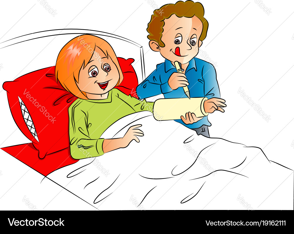 Man writing on wifes plaster cast relaxing bed Vector Image