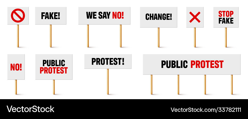 Protest signs with slogan on wooden holder Vector Image